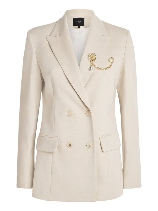 Maje Double-breasted Blazer With Brooch - Beige