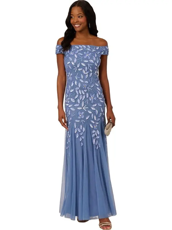 Adrianna Papell Off Shoulder Floral Beaded Godet Gown - French Blue