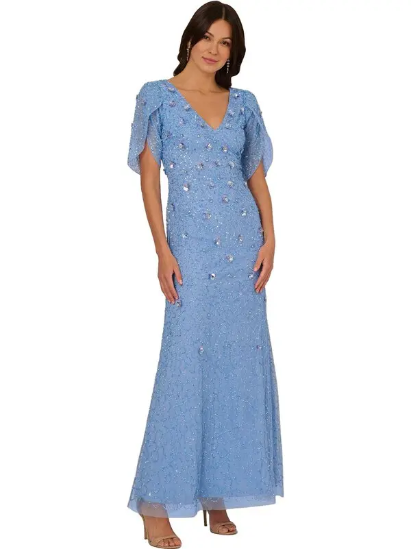 Adrianna Papell Tulip Sleeve 3d Floral Beaded Mermaid Dress - Bluebell