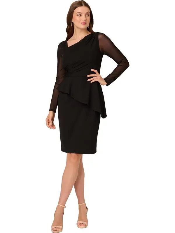 Adrianna Papell Long Sleeve Asymmetrical Peplum Sheath Dress - Black