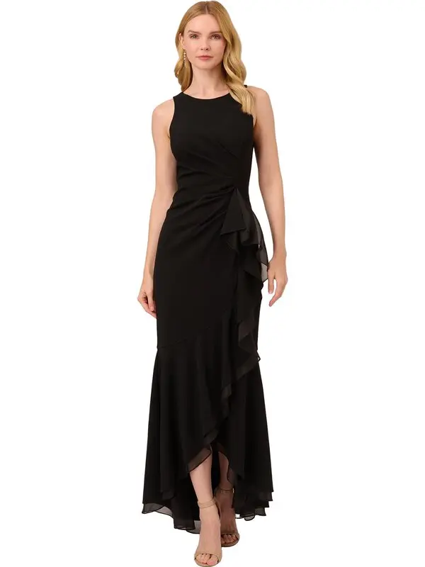 Adrianna Papell High-low Crepe Halter Gown With Organza Draping - Black