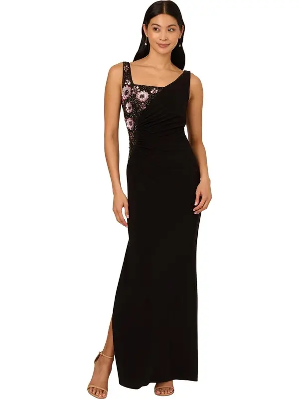 Adrianna Papell Sleeveless Asymmetrical Floral Beaded Gown - Black Multi