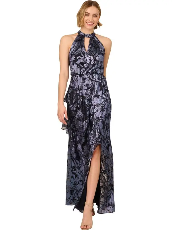 Adrianna Papell Crinkle Metallic Keyhole Halter Ruffle Gown - Navy