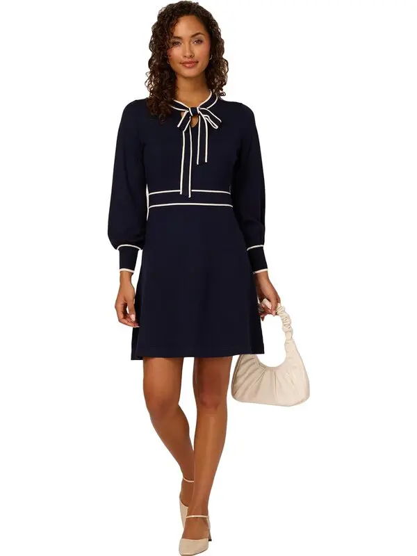 Adrianna Papell Contrast Tipped Sweater Dress - Blue Moon/ivory