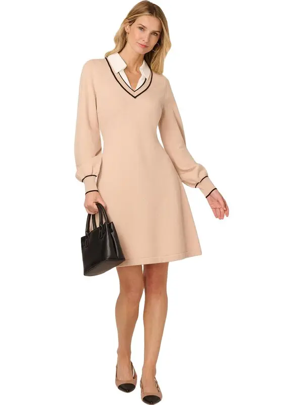 Adrianna Papell Long Sleeve Collared Twofer Sweater Dress - Champagne Blush/black