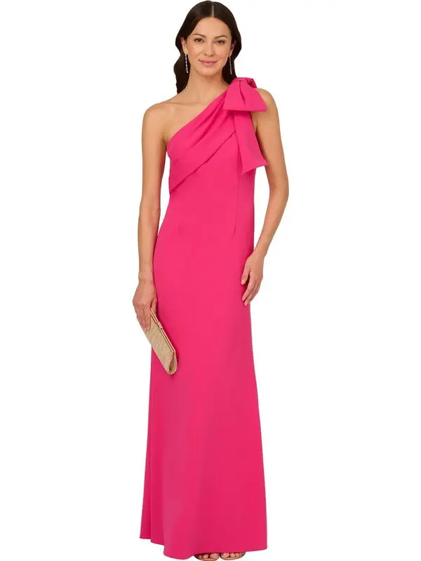 Adrianna Papell Stretch Crepe One Shoulder Mermaid Gown With Bow - Hot Pink