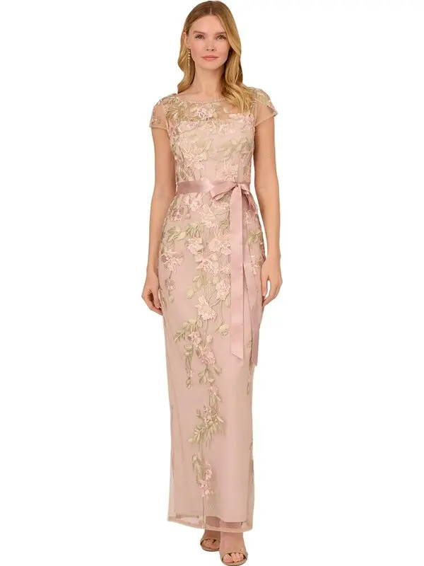 Adrianna Papell Floral Embroidered Gown With Ribbon Tie Waist - Blush/nude Multi