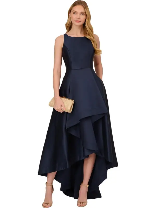 Adrianna Papell High-low Mikado Gown With Asymmetrical Hem - Midnight