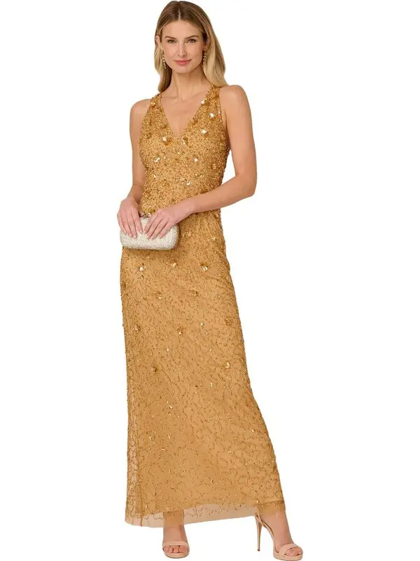Adrianna Papell Sleeveless V-neck 3d Floral Beaded Gown - Golden Ray