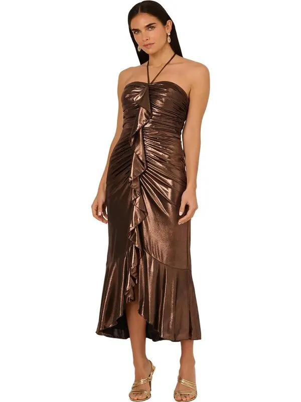 Adrianna Papell Foil Ruched Ruffle Halter Midi Dress - Cinnamon