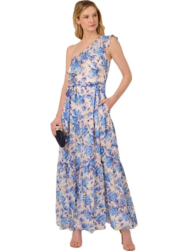 Adrianna Papell One Shoulder Metallic Stripe Floral Maxi Dress - Champagne/blue Multi