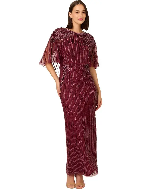 Adrianna Papell Linear Bead Cape Column Gown - Mahogany