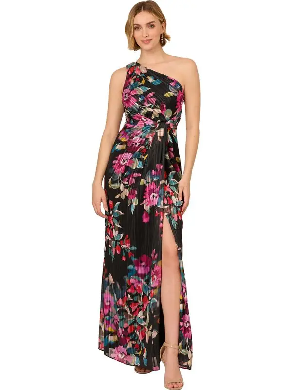 Adrianna Papell One-shoulder Floral Stripe Gown - Black Multi