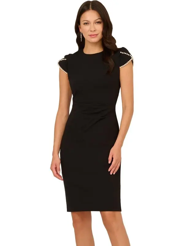 Adrianna Papell Cap Sleeve Pearly Trim Sheath Dress - Black/ivory