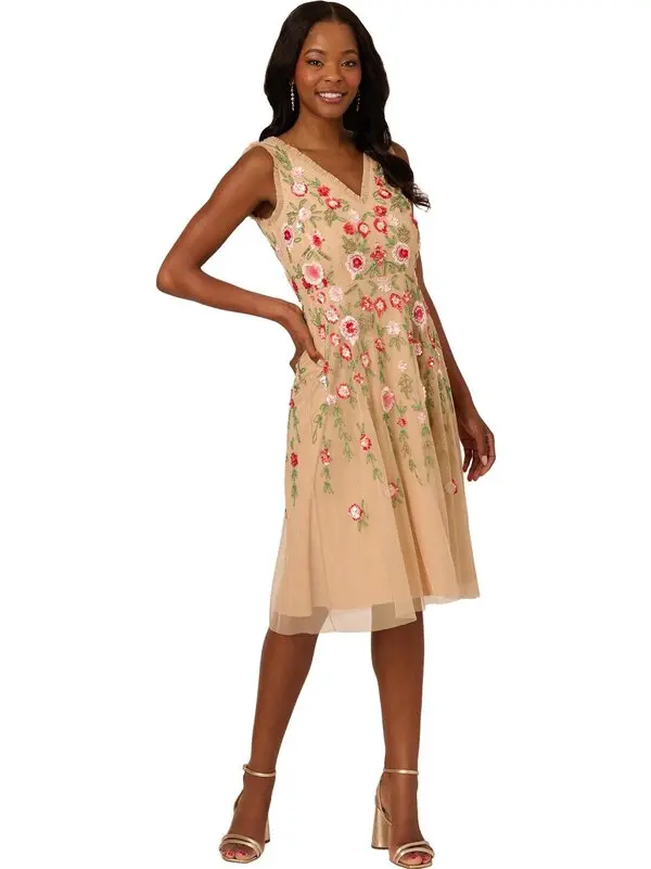 Adrianna Papell Sleeveless Fringe Trim Floral Beaded Midi Dress - Nude Multi