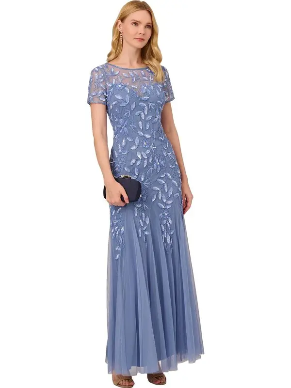 Adrianna Papell Hand Beaded Floral Godet Gown - French Blue