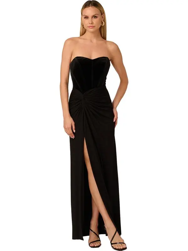Adrianna Papell Strapless Velvet Jersey Gown - Black