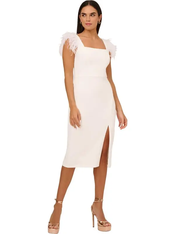 Adrianna Papell Knit Crepe Midi Dress With Feathered Accents - Ivory