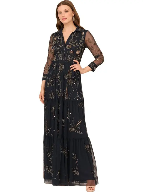 Adrianna Papell Floral Beaded Gown With Collared Neckline - Midnight Multi