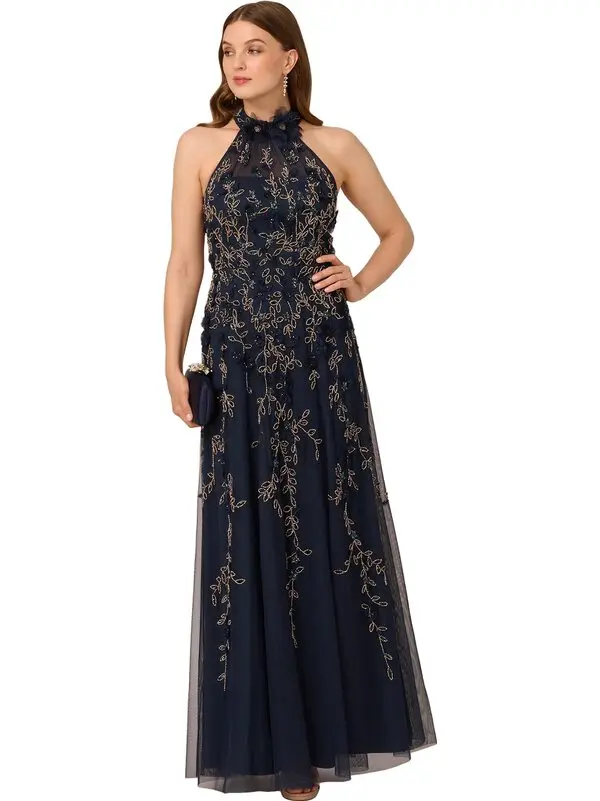 Adrianna Papell Beaded 3d Petal Halter Gown - Navy/rosegold