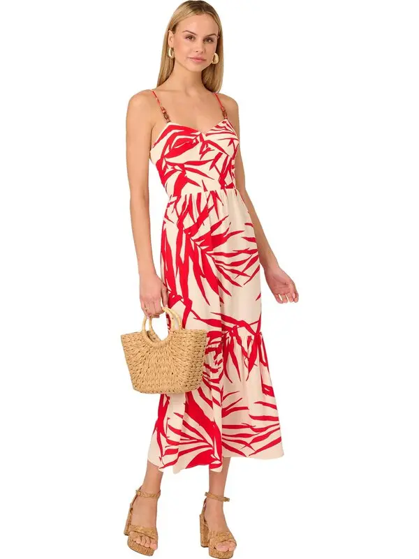 Adrianna Papell Beaded Strap Palm Leaf Flounce Sundress - Red/ivory