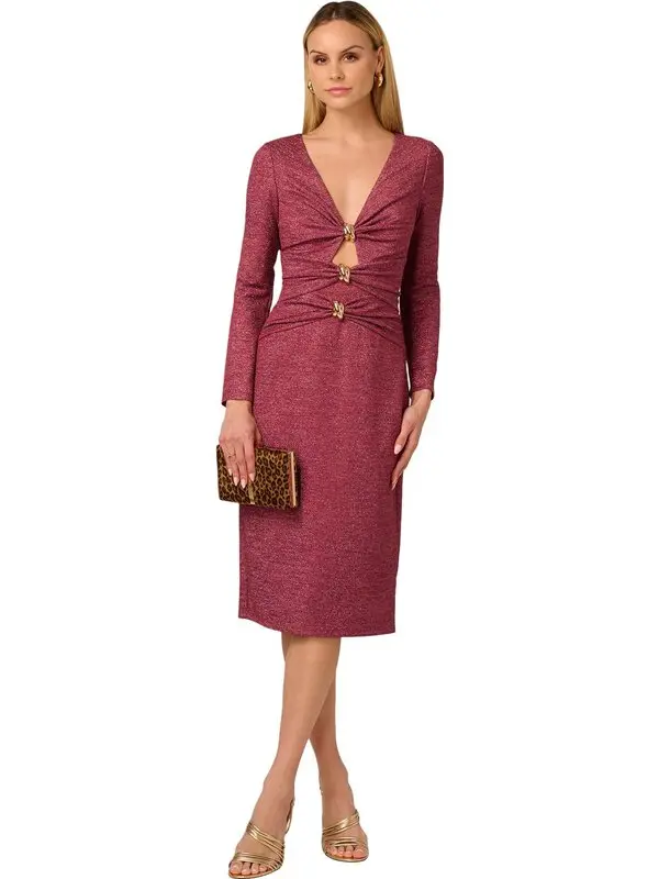 Adrianna Papell Metallic Knit Midi Cocktail Dress - Crimson Haze