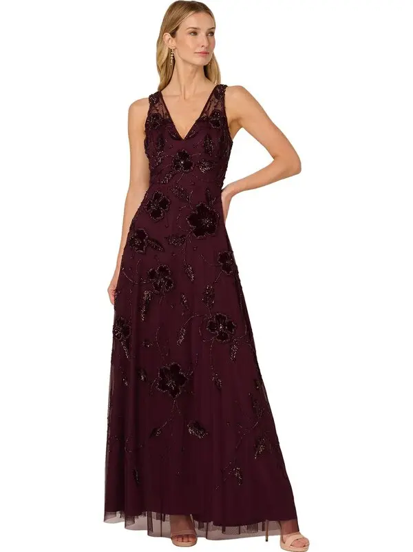 Adrianna Papell Sleeveless Velvet Beaded Floral Gown - Night Plum