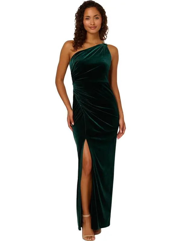 Adrianna Papell One-shoulder Velvet Gown With Chain Accent - Emerald