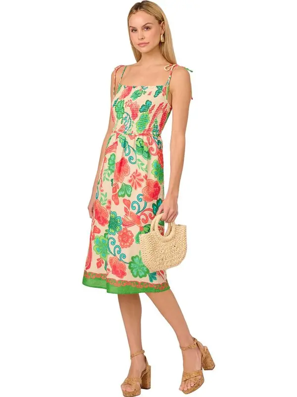 Adrianna Papell Floral Shirred Cotton Midi Sundress - Ivory Multi