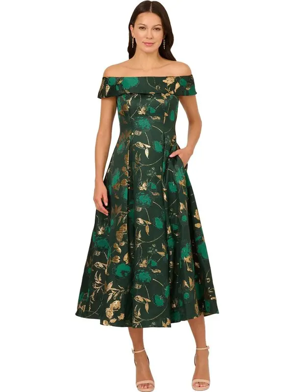 Adrianna Papell Off-the-shoulder Metallic Jacquard Midi Dress - Hunter/gold