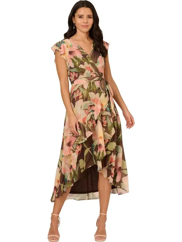 Adrianna Papell Flutter Sleeve High Low Midi Wrap Dress - Brown Multi