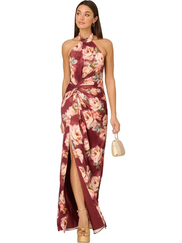 Adrianna Papell Floral Satin Twist Waist Halter Gown - Brown Multi