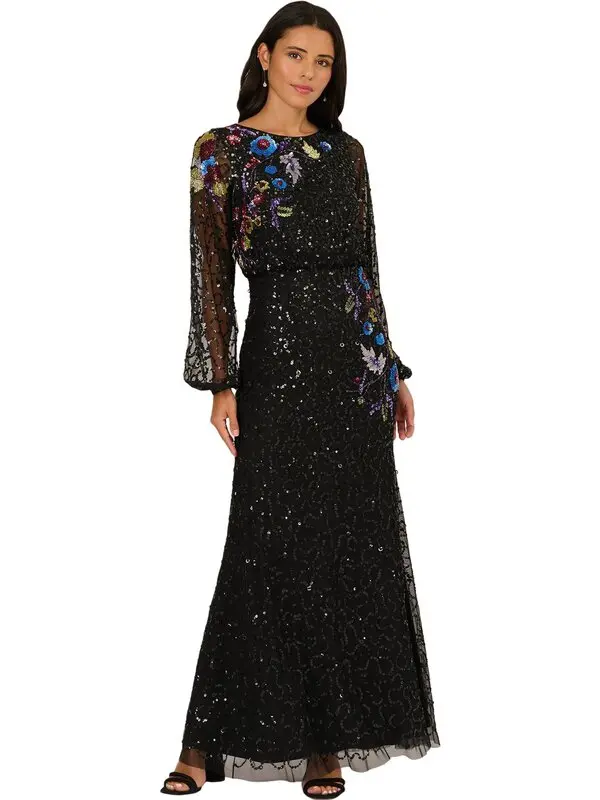 Adrianna Papell Bishop Sleeve Floral Sequin Bead Gown - Black Multi