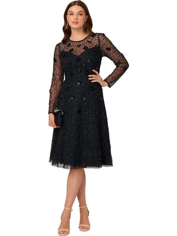 Adrianna Papell Long Sleeve Illusion Floral Beaded Midi Dress - Midnight