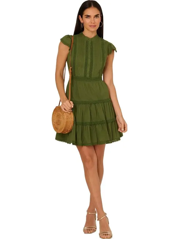 Adrianna Papell Flutter Sleeve Lace Cotton Dress - Olive Green