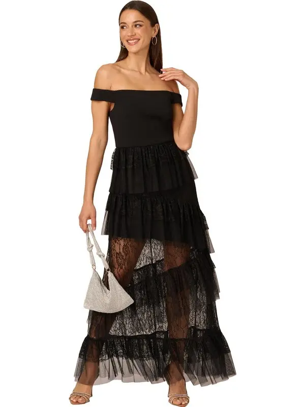 Adrianna Papell Off-shoulder Lace Ruffle Gown - Black
