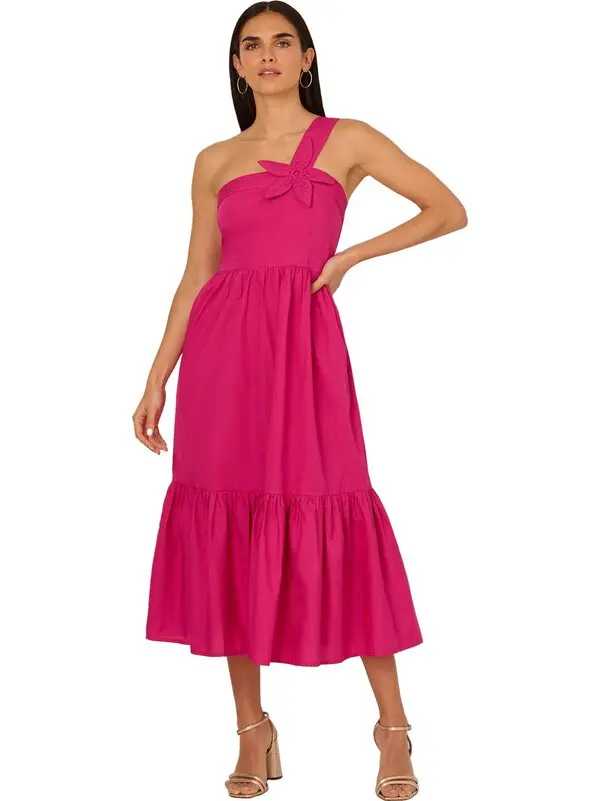 Adrianna Papell Cotton Poplin One-shoulder Midi Dress With Floral Applique - Pink