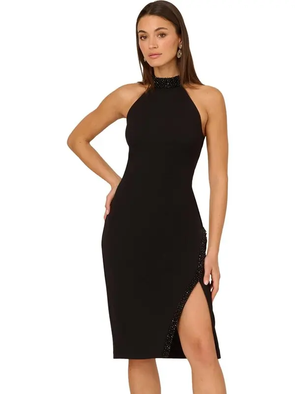 Adrianna Papell Beaded Detail Halter Midi Sheath Dress - Black