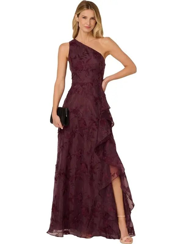 Adrianna Papell One-shoulder Floral Embroidered Gown - Raisin