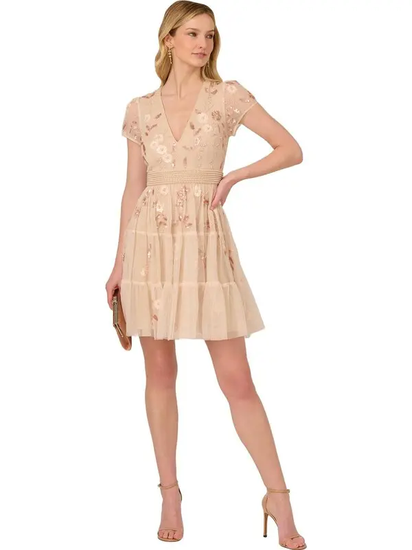 Adrianna Papell Cap Sleeve Pearly Sequin Cocktail Dress - Pale Pink