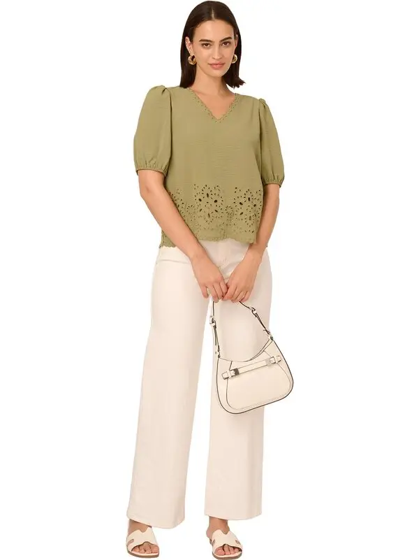Adrianna Papell Short Sleeve Scalloped Eyelet Top - Oil Green