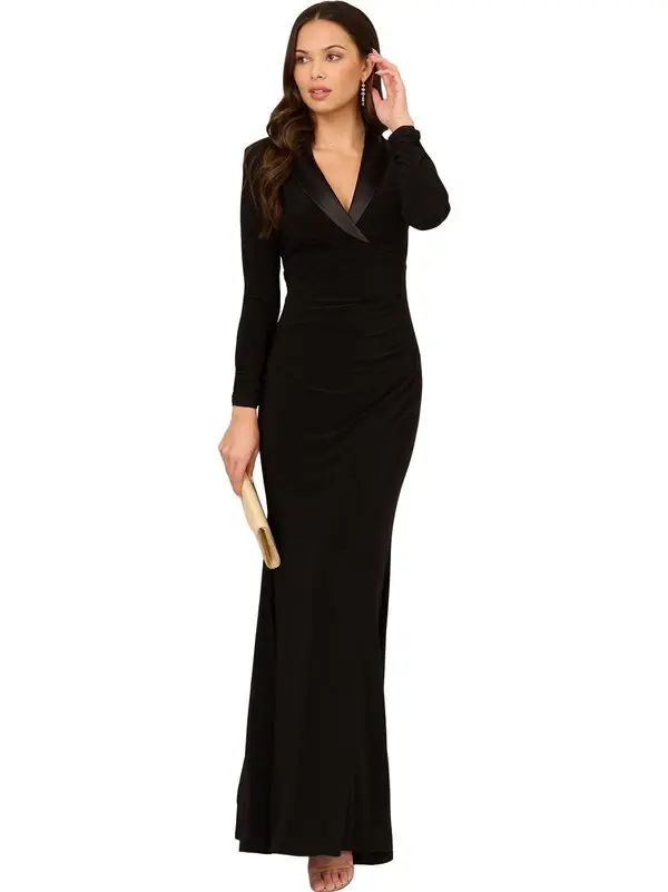 Adrianna Papell Tuxedo Mermaid Gown With Long Sleeves - Black