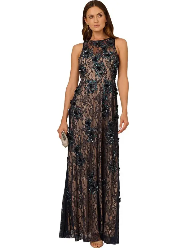 Adrianna Papell Sleeveless Sequin Floral Lace Gown - Midnight Multi/nude