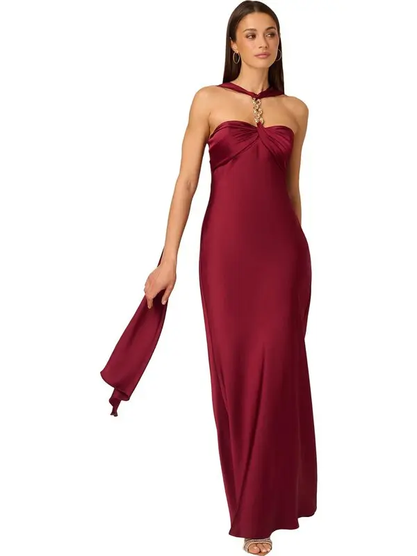 Adrianna Papell Strapless Scarf Chain Satin Gown - Crimson Haze