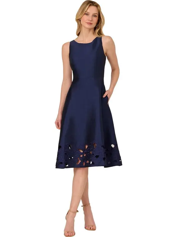 Adrianna Papell Sleeveless Taffeta Floral Cutwork Midi Dress - Light Navy