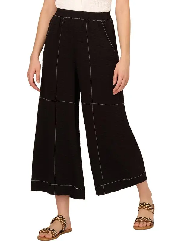 Adrianna Papell Contrast Stitching Crinkle Midi Pant - Black/ivory