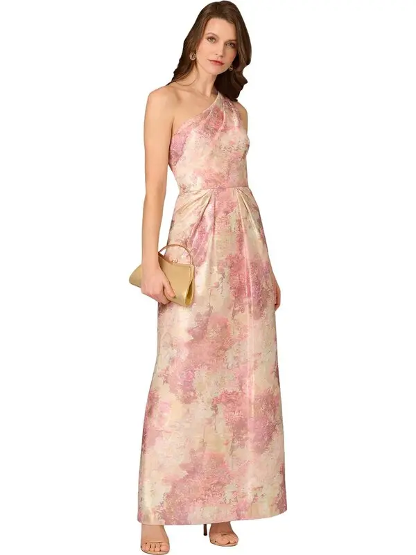 Aidan Mattox One-shoulder Pleated Jacquard Column Gown - Pink Multi