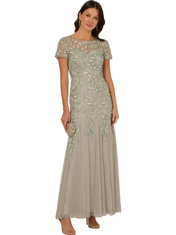 Adrianna Papell Hand-beaded Floral Godet Gown - Frosted Sage