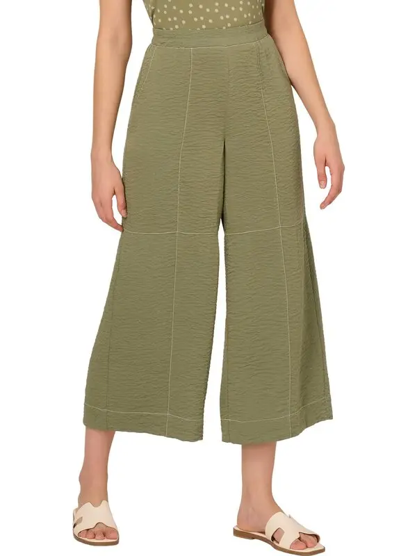 Adrianna Papell Contrast Stitching Crinkle Midi Pant - Oil Green/ivory