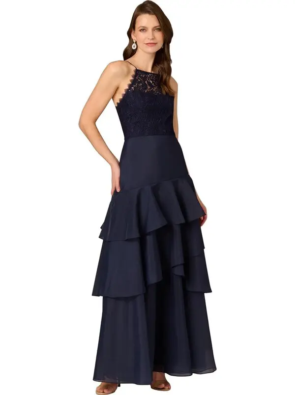 Aidan Mattox Lace Organza Halter Ballgown - Navy